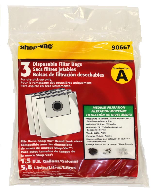 Shop Vac Type A 1.5 Gallon, Vacuum Cleaner Paper Bags 3PK Part 906-67 ...