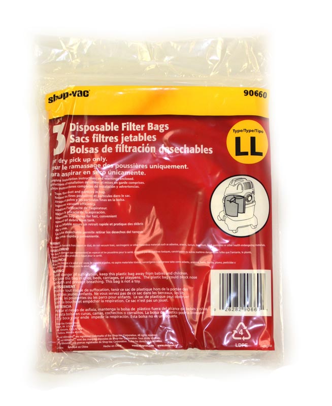 Shop Vac Paper Bags, 4 Gallon All Around Type LL 3 Pk Part 90660-00 ...