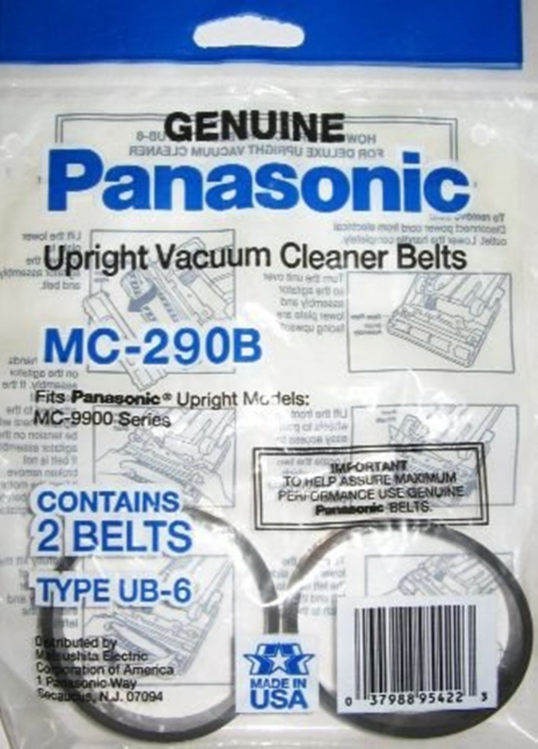 Panasonic Type UB-6 Upright Vacuum Belts 2pk Part MC-290B – Red Vacuums